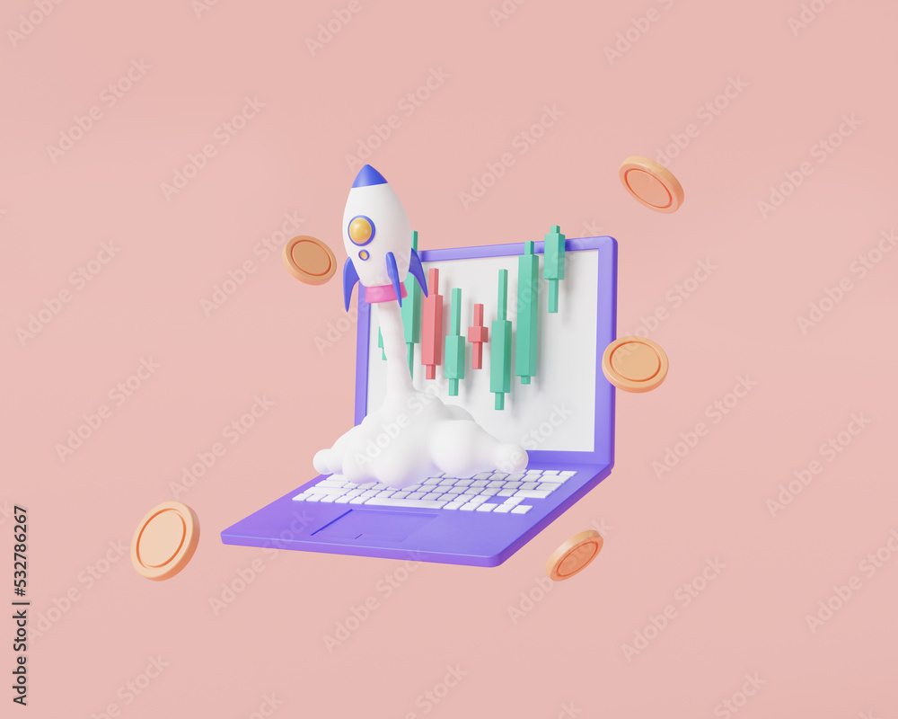 Rocket rising moving up spewing smoke with Stock market graph chart on ...