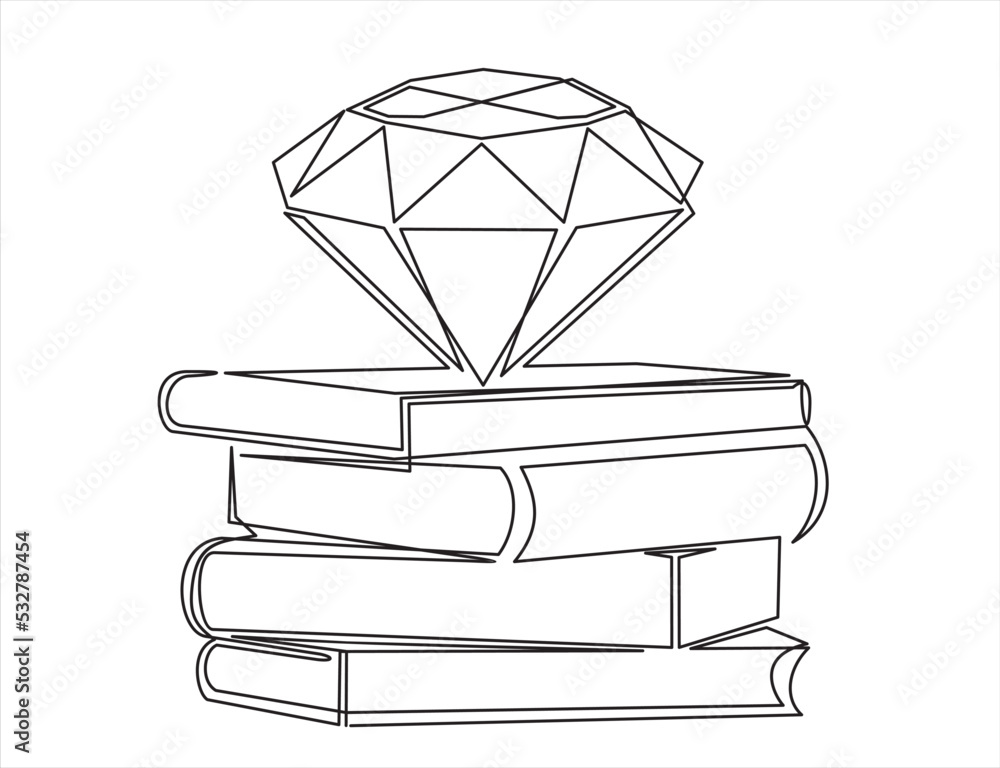 continuous one line drawing of diamond, brilliant and books stack ...