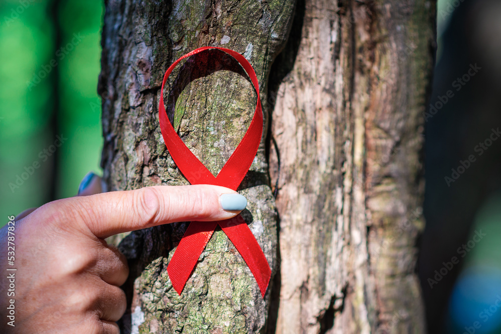 Aids red ribbon.hand holding ribbon on the tree.bokeh nature background ...