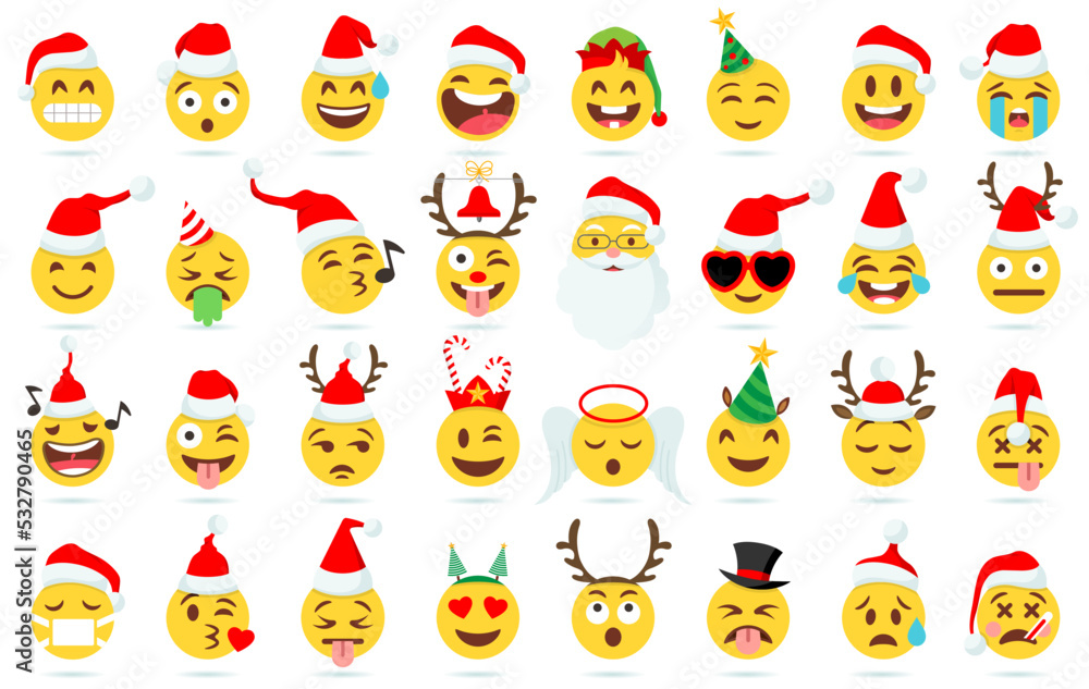 Christmas emoji. Santa Claus emoticon in xmas hat, snowman and funny ...