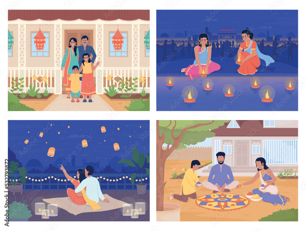 Celebrating Diwali with family flat color vector illustrations set ...