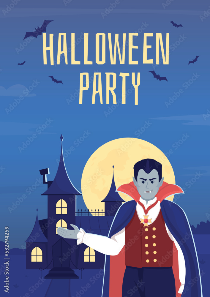 Halloween party in vampire castle flat vector banner template. Gothic ...