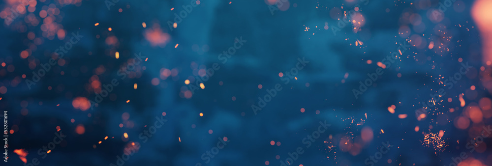 3D rendering of abstract blue background with flying fire particles ...