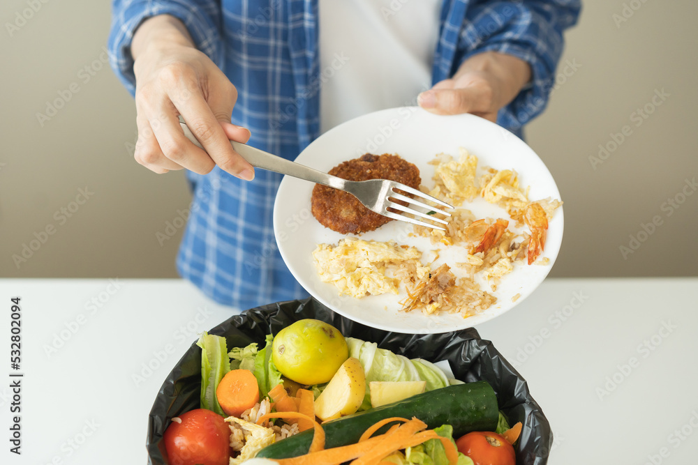 Compost from leftover food, refuse asian young housekeeper woman, girl ...