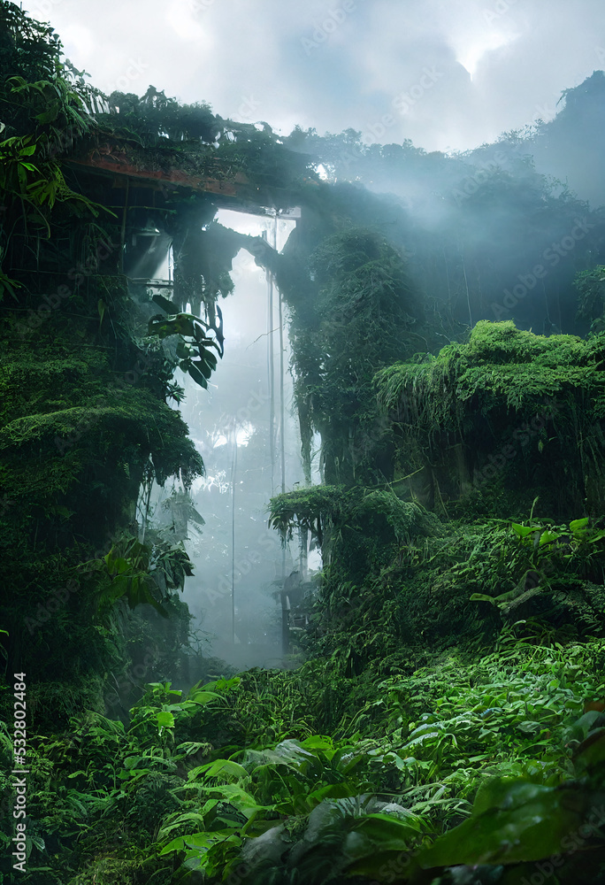 old overgrown bridge, forgotten industrial ruin, rainforest lost place ...