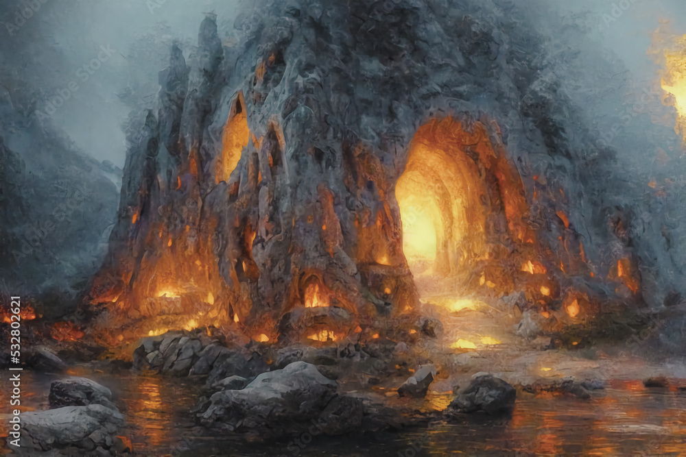 Burning cave. Fantasy Stock Illustration | Adobe Stock