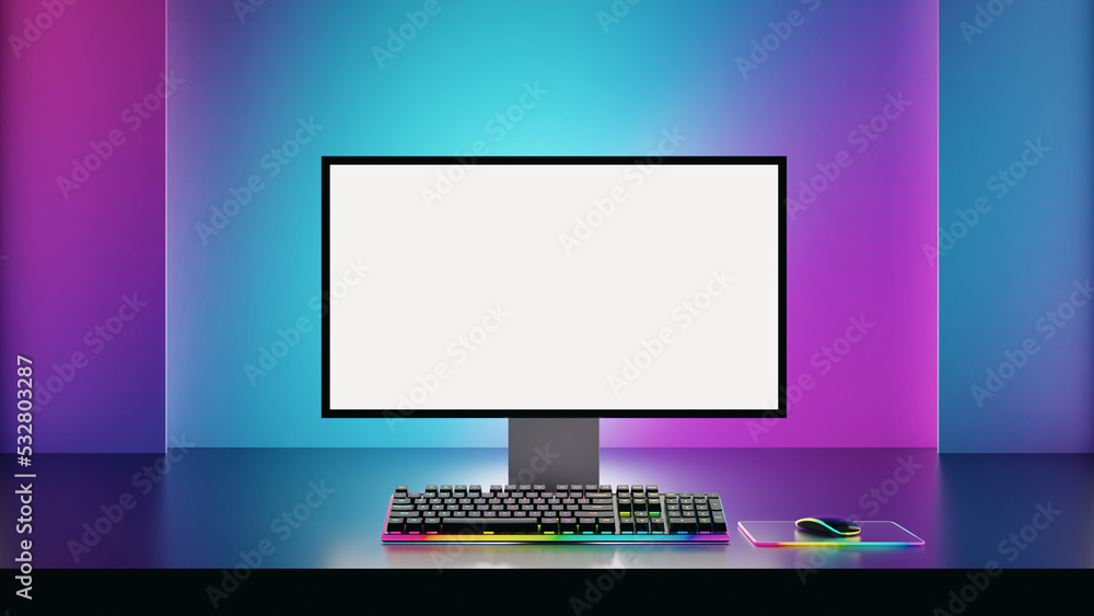 Game computer desktop with blue purple lights on the background, Modern ...