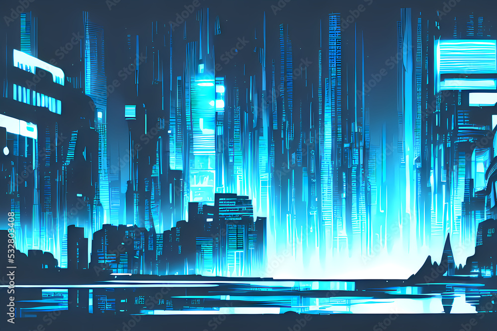 Blue futuristic city, in the night lights Stock Illustration | Adobe Stock