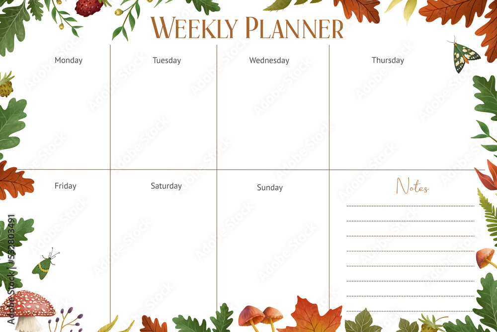 Blank weekly planner template. Journal page layout design. Autumn ...