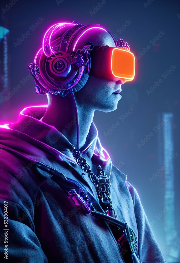 Portrait of a man wearing a cyberpunk headset, neon virtual glasses ...