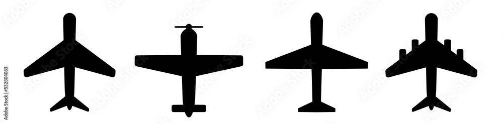 Plane icon set. Aircraft top view icon set. Set of black silhouette ... Plane icon set. Aircraft top view icon set. Set of black silhouette ...