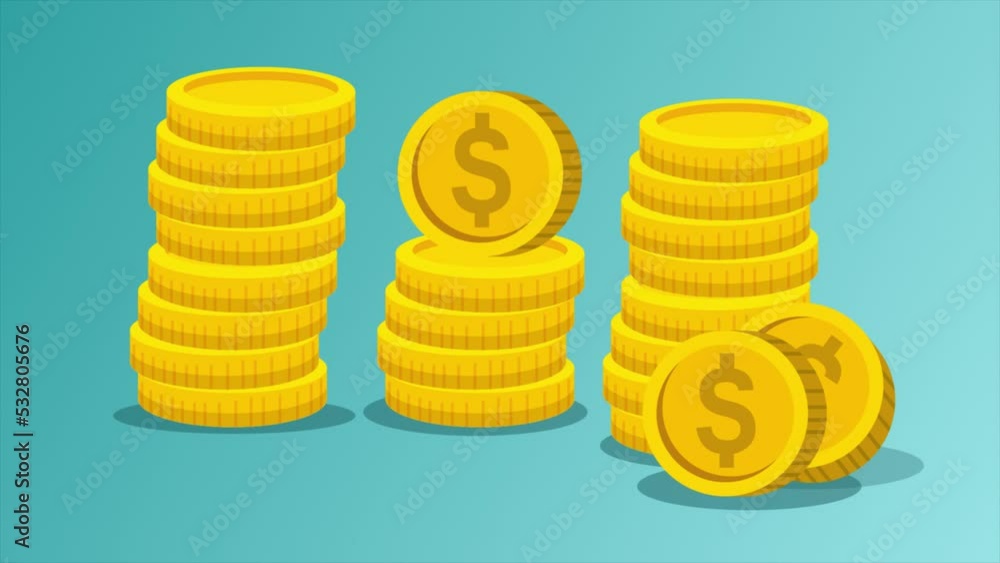 2D Animation Raising piles of golden coins stacks on blue background ...