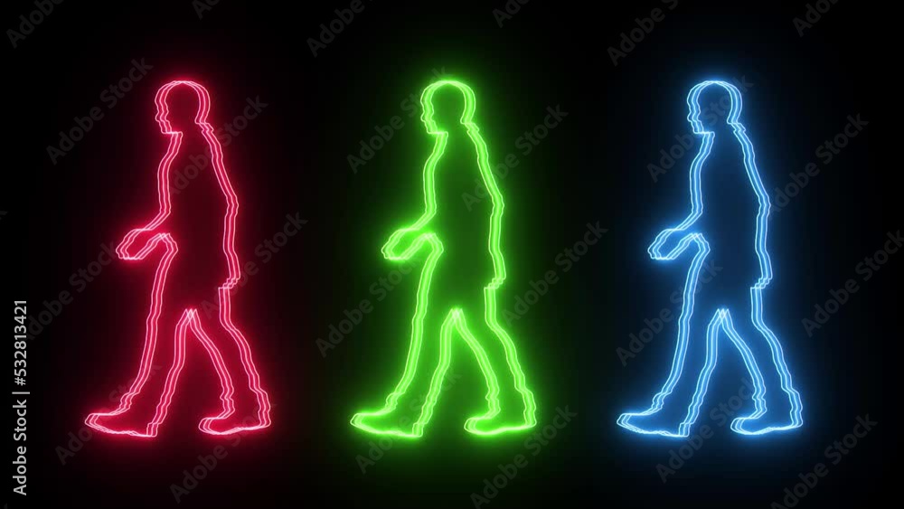 neon outlined man walking animation in the loop, neon light, red light ...