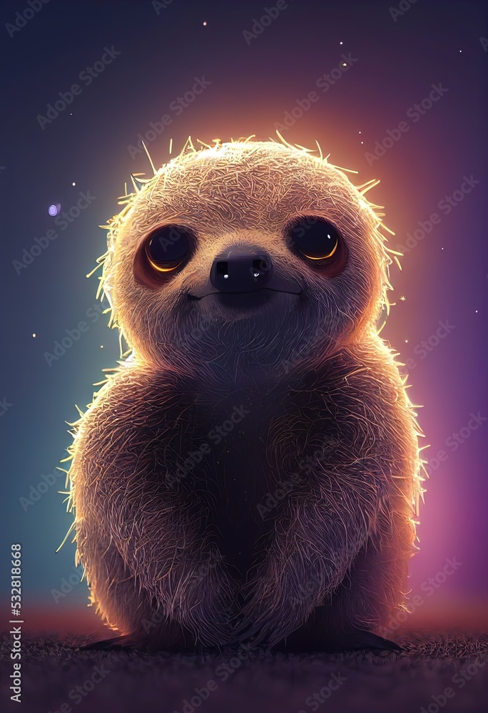 Adorable 3D animation baby sloth with a magical glow and background ...