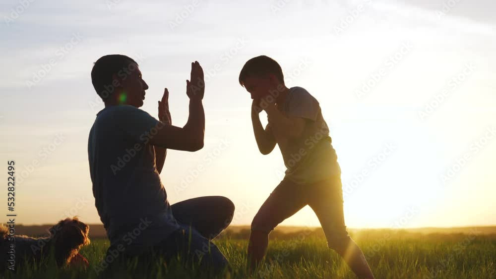 father and son boxing box silhouette at sunset. happy family in the ...