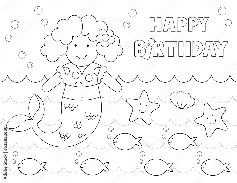 birthday coloring page. cute mermaid, fish and many shapes to color ...