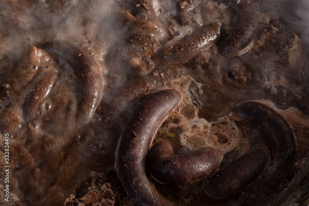 Preparation of blood sausage and blood cake, traditional food from ...
