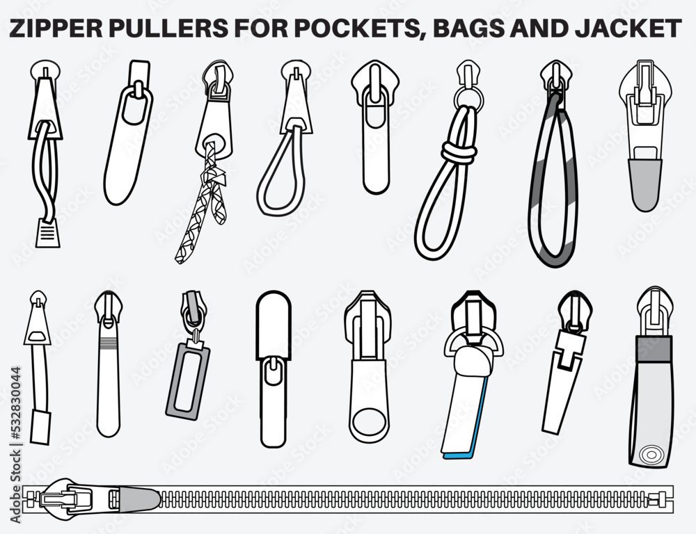 Zipper puller flat sketch vector illustration set, different types of Zip pull for fasteners ...