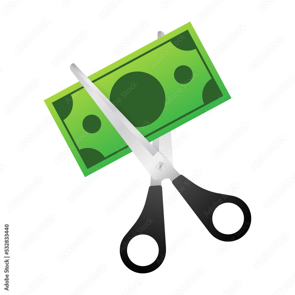 Scissors cutting money bill in flat style. Price, cost reduction or cut ...
