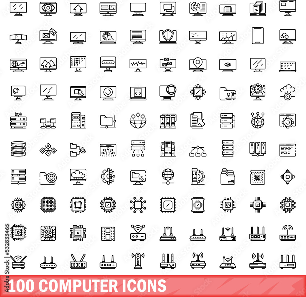 100 computer icons set. Outline illustration of 100 computer icons ...