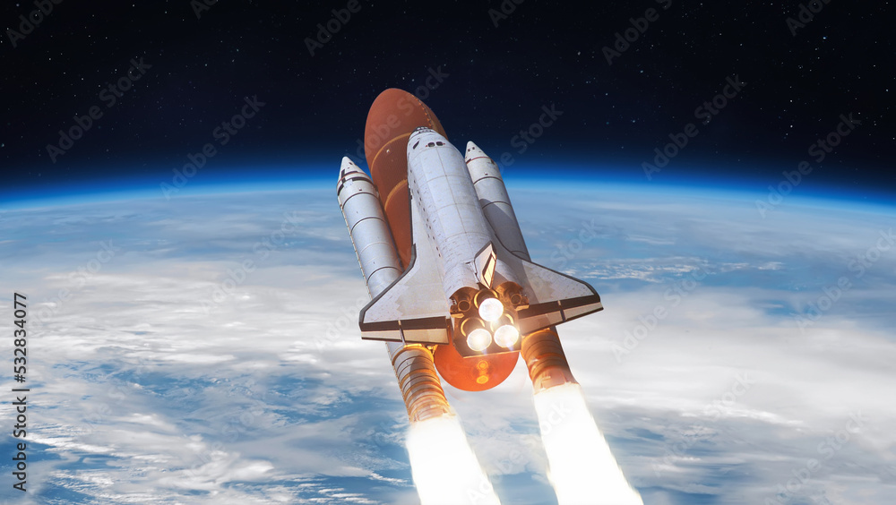 Space shuttle flight in space from Earth. Spaceship in sky. Spacecraft launch. Elements of this ...