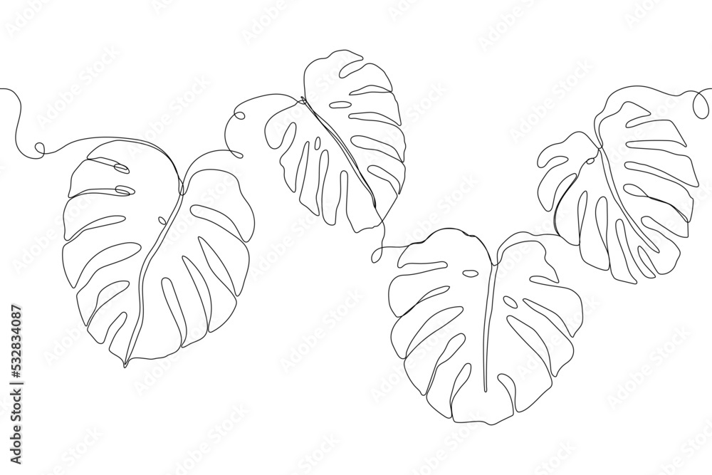 Monstera leaf line art. Tropical leaves continuous line draw design ...