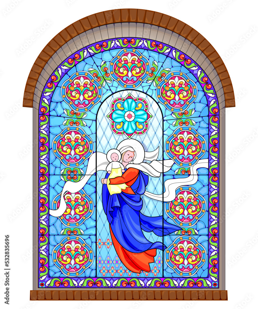 Beautiful colorful medieval stained glass window. Gothic architectural ...