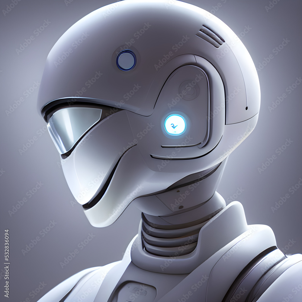 A high-tech futuristic android is walking down a busy street. It has a ...