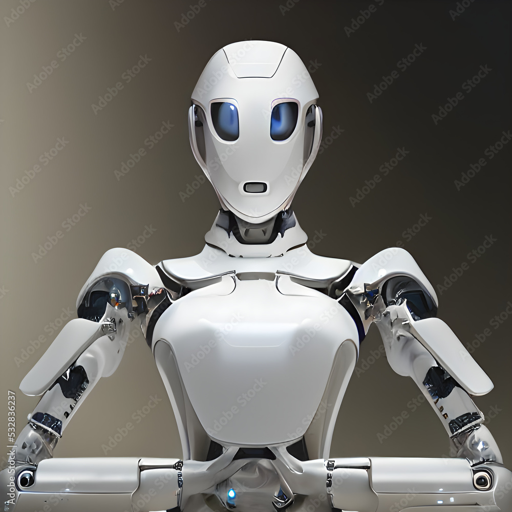 A high-tech android with a sleek design and advanced features stands in ...