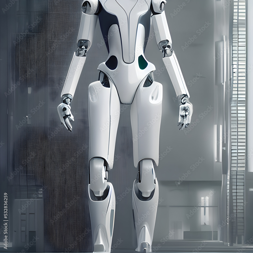 The android is a high-tech creature with a sleek, metallic body. It has ...