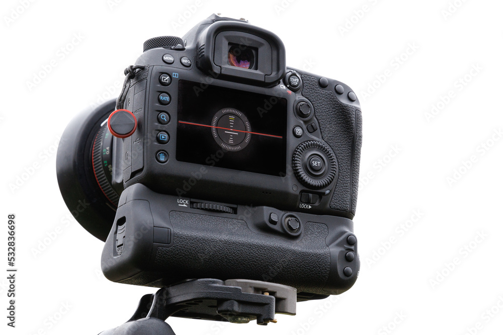 Camera DSLR with vertical grip, back view showing the electronic level ...