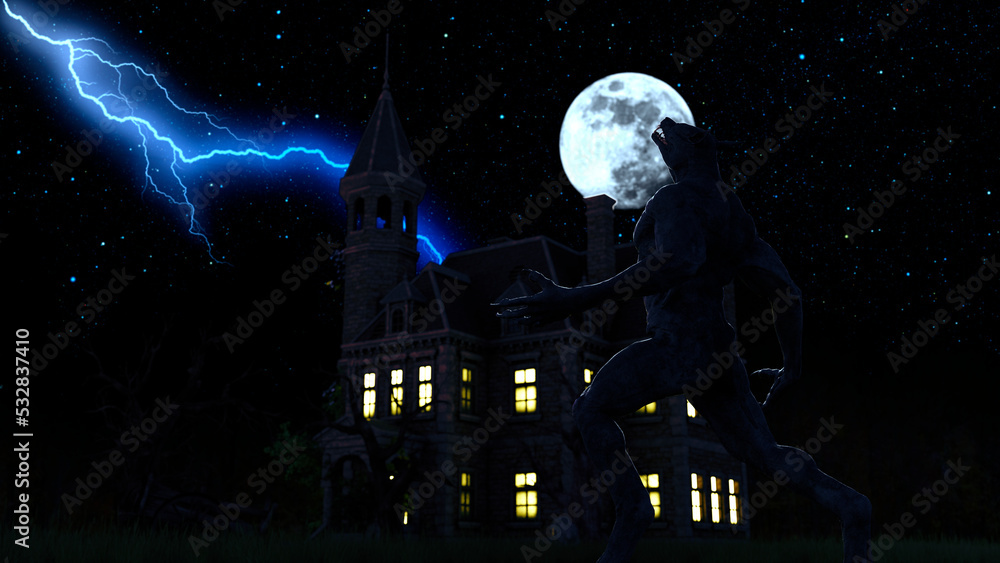 Illustration of a werewolf during the full moon near a house in the ...