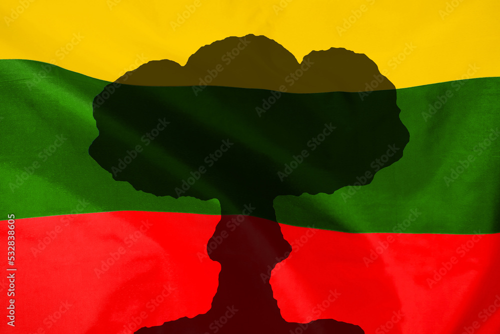 Atomic bomb explosion mushroom on Lithuania flag background. Nuclear ...