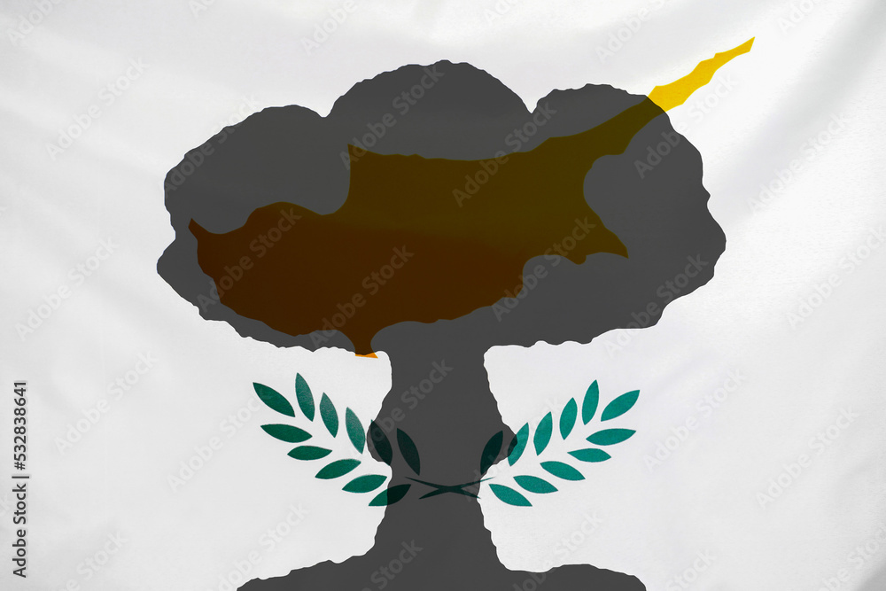 Atomic bomb explosion mushroom on Cyprus flag background. Nuclear ...
