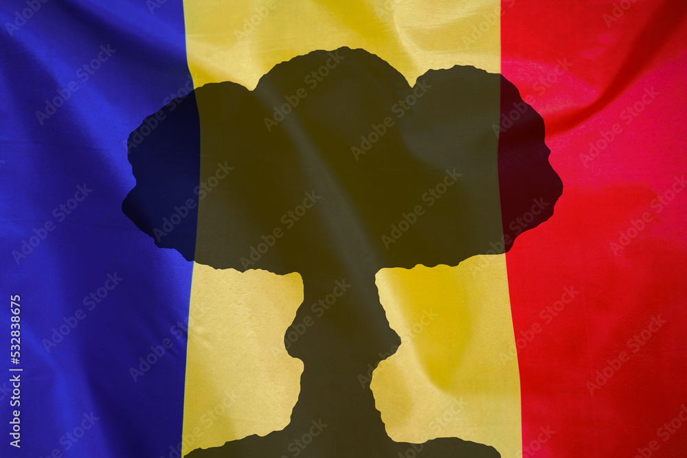 Atomic bomb explosion mushroom on Moldavia flag background. Nuclear ...