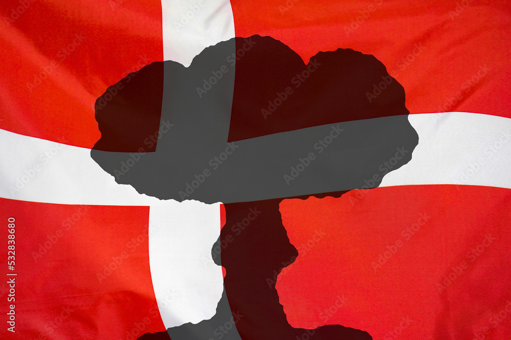 Atomic bomb explosion mushroom on Denmark flag background. Nuclear ...
