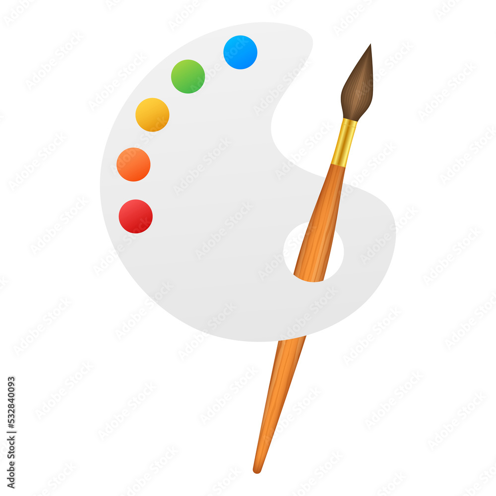 Cartoon paintbrush and palette of paints seven colors of rainbow. stock ...