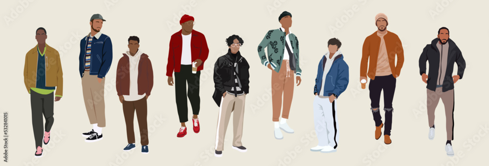 Street fashion men vector realistic illustration. Young men wearing ...