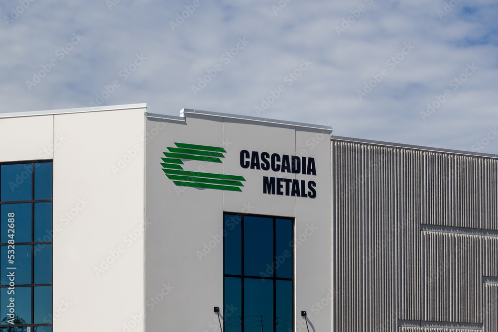 Mississauga, ON, Canada - May 14, 2022: Cascadia Metals company sign on ...