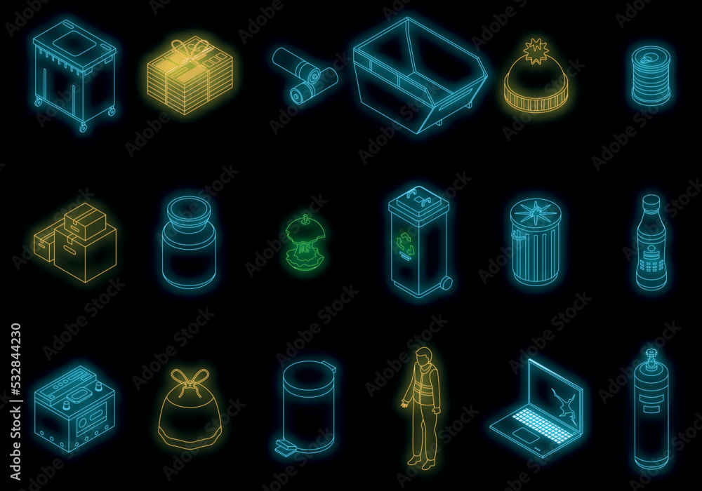 Waste icons set. Isometric set of waste vector icons neon color on ...