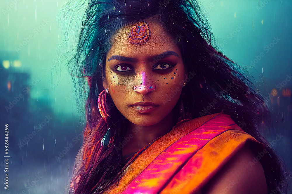 cyberpunk indian woman with a colourful saree, generative ai ...
