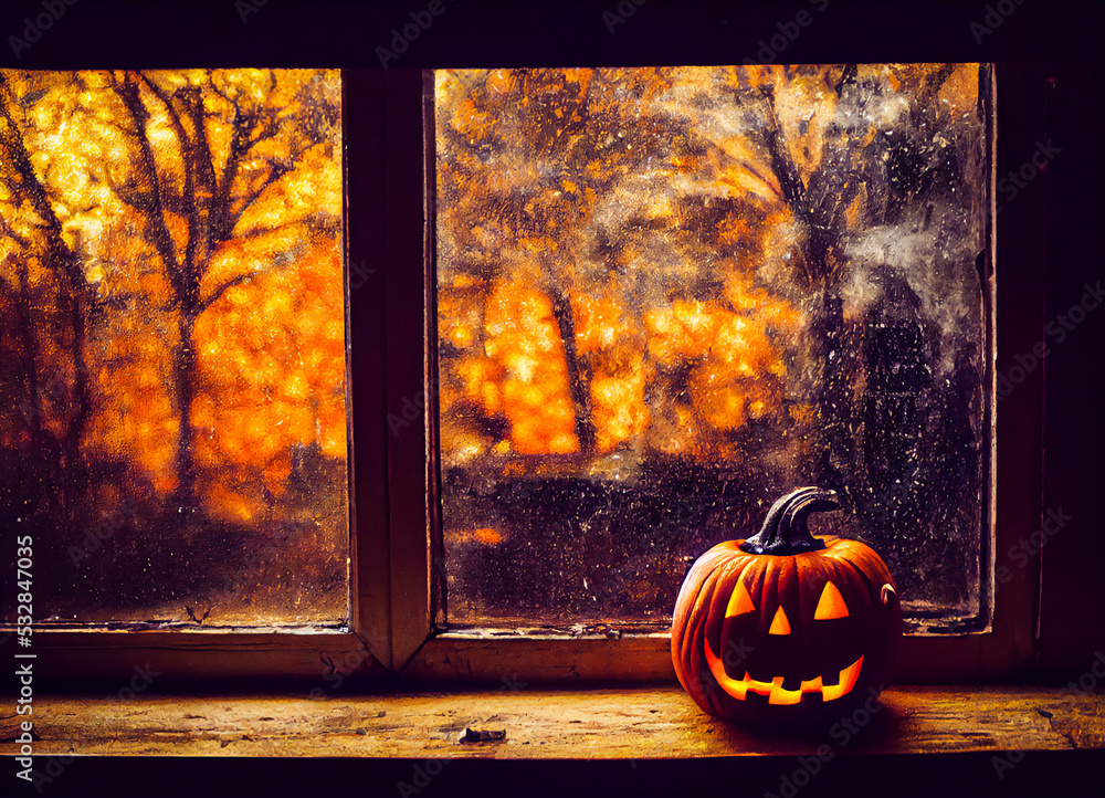 Sweet and scary Halloween visual, with a pumpkin in front of a window ...