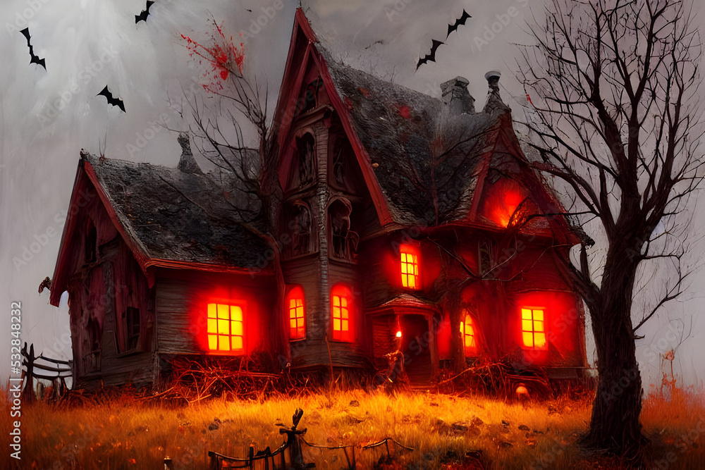 haunted house / spook house / ghost house / halloween house with red ...