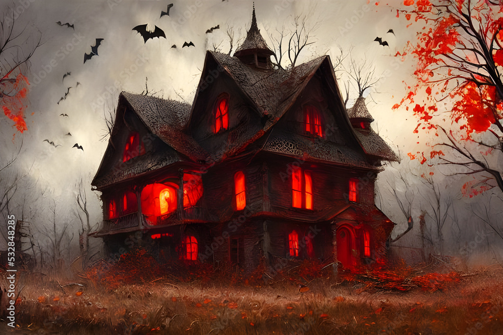 haunted house / spook house / ghost house / halloween house with red ...