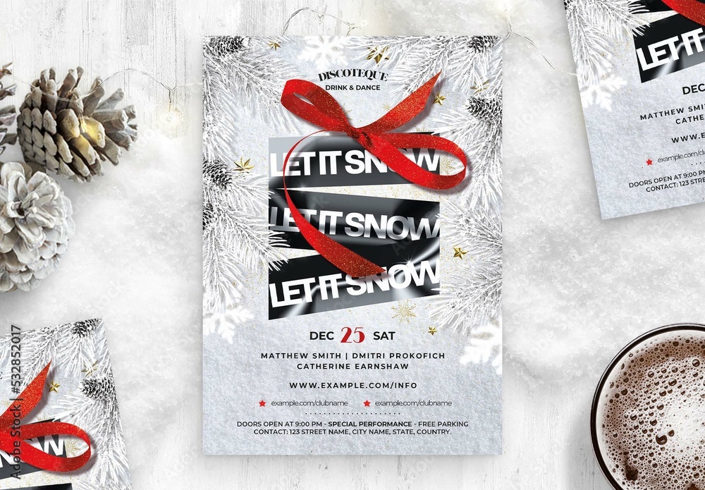 White Christmas Flyer with Snowy Winter Scene Stock Template | Adobe Stock