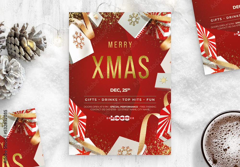 Christmas Flyer Poster in Red and Gold Stock Template | Adobe Stock