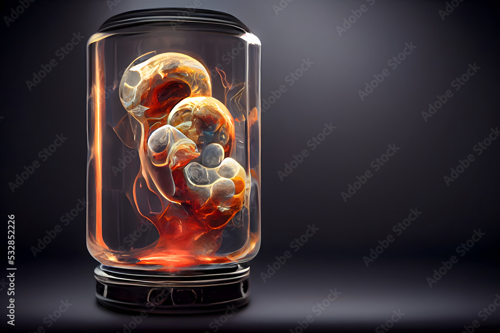 human baby embyo inside incubator breeding tank on gray background ...