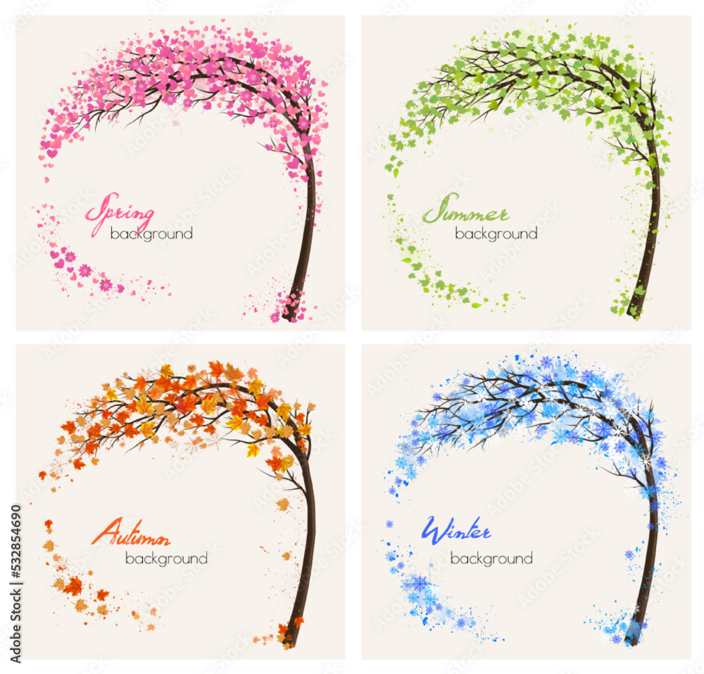 Nature Four stylized trees representing different seasons spring ...