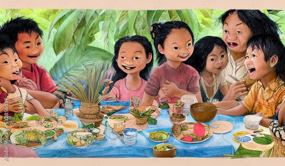 Pacific Islander children are gathered around a table enjoying a feast ...