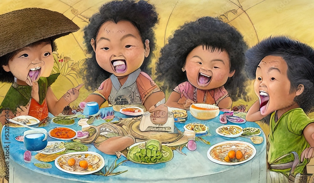Pacific Islander children are gathered around a table enjoying a feast ...